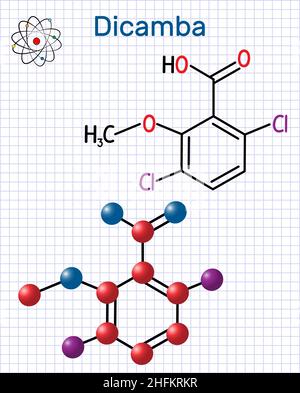 Dicamba molecule. Structural chemical formula and molecule model ...