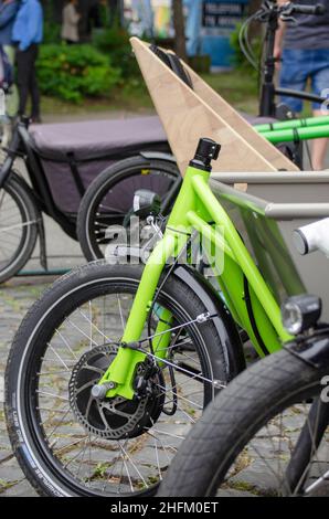Aachen June 2018: Some cargo bikes are exhibited at the Eilendorfer ...