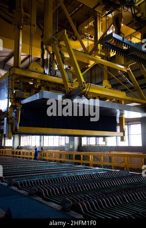 Copper metallurgical plant. Electro-refining electrolysis line. Cathode ...