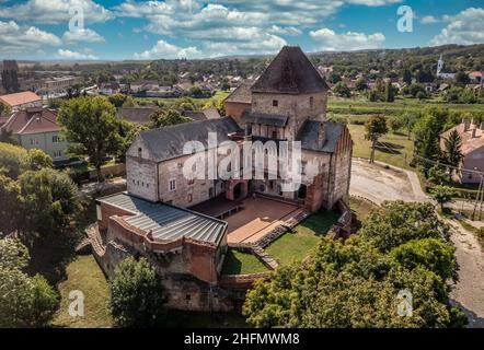 Aerial view of medieval Gothic Simontornya castle protecting the cross ...