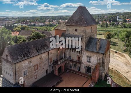 Aerial view of medieval Gothic Simontornya castle protecting the cross ...