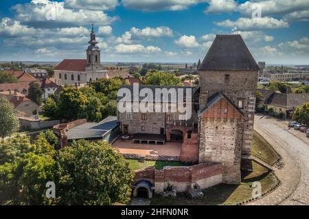 Aerial view of medieval Gothic Simontornya castle protecting the cross ...