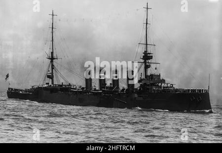 The HMS Devonshire, a Royal Navy ship, is depicted in this historical ...