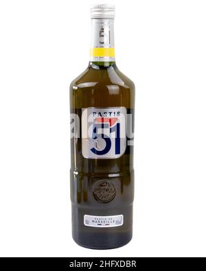 bottle of Pastis 51 brand pastis, close-up, isolated on a white ...
