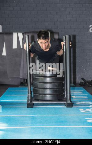 Men, sled and training in gym for workout, fitness and muscle growth ...