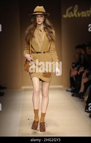 A model on the catwalk during the Salvatore Ferragamo fashion show as ...