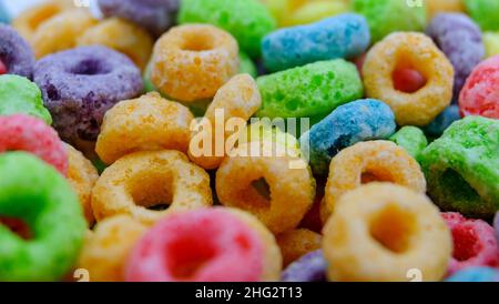 Colorful corn cereal loops. Highly detailed macro close up shot Stock ...