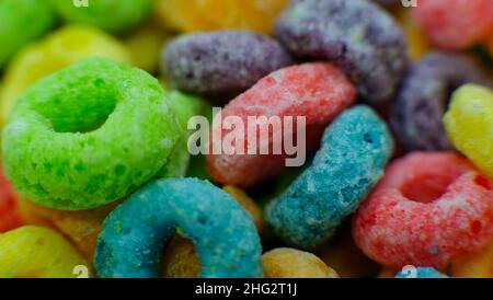 Colorful corn cereal loops. Highly detailed macro close up shot Stock ...