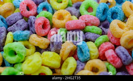 Colorful corn cereal loops. Highly detailed macro close up shot Stock ...