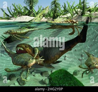 A 3D illustration of extinct Eurypterids (sea scorpions) and Trilobites ...
