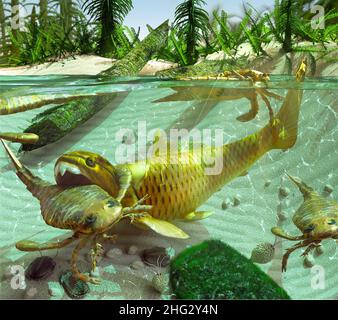 A 3D illustration of extinct Eurypterids (sea scorpions) and Trilobites ...