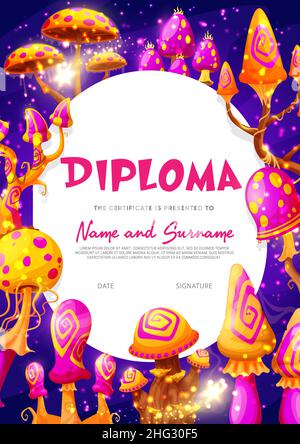 Kids diploma. Fantasy forest, magic alien trees and plants. Elementary ...