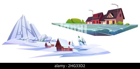 Natural disasters flood, snowslide and tsunami cartoon posters. Nature ...