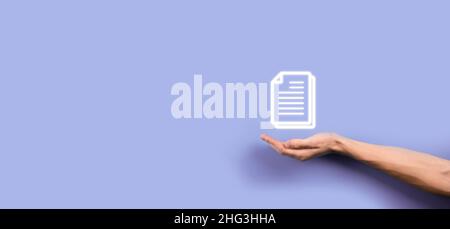 Businessman man holding a document icon in his hand Document Management ...