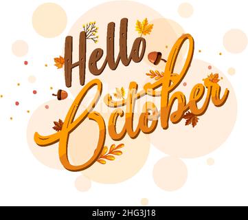 Hello October logo with ornamental autumn leaf illustration Stock ...