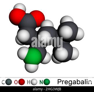 Pregabalin epilepsy and fibromyalgia drug, chemical structure. Atoms ...