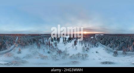 360° view of Winter panorama in the snow-covered forest. Full spherical ...