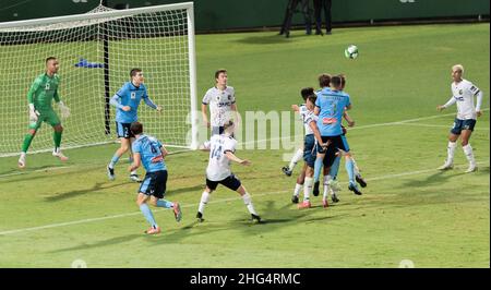 Benjamin Warland of Sydney FC attempts a header during the FFA Cup 2021 ...