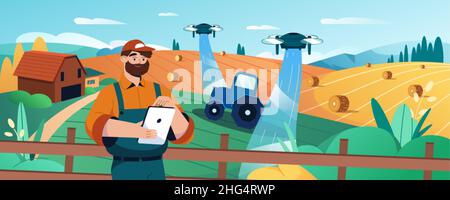 Agriculture innovation farm technology, cartoon hands with tablet for ...