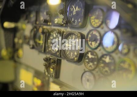 Flight instruments on an instrument panel in a cockpit of Boeing 777 ...