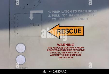 Rescue warning sign on fuselage of modern jet fighter Stock Photo - Alamy
