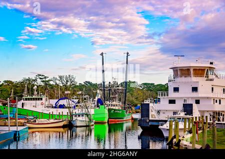 Shrimp boats are pictured at sunset, Jan. 6, 2022, in Bayou La Batre ...