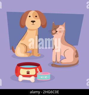 cute cat and dog mascots in the landscape characters vector ...