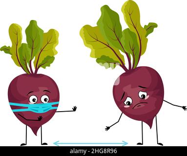 Beet character with sad emotions, face and mask keep distance, hands ...