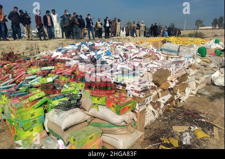 View of burning pile of confiscated drugs during the incineration ...