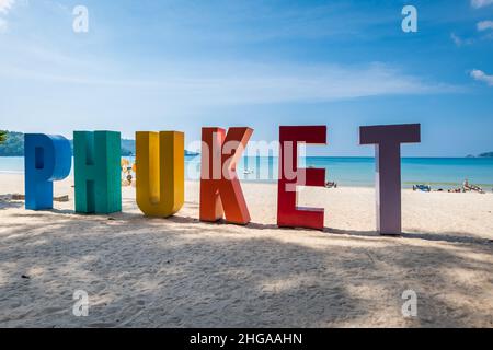 Phuket sign on Patong beach in Thailand. The big landmark sign of ...