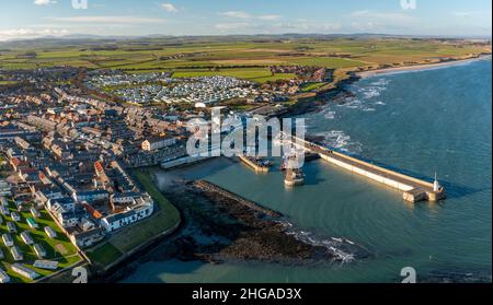 Aerial view from drone of Seahouses fishing harbour in Northumberland ...