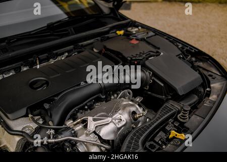 Interior of the car, car repair, service. Under the bumper of the car ...