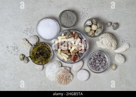 Dietary supplements or medicines from sea minerals in capsules, salt ...