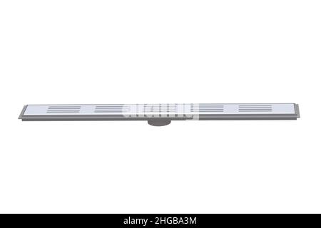 Long rectangular shower drain with stainless grid isolated on white ...