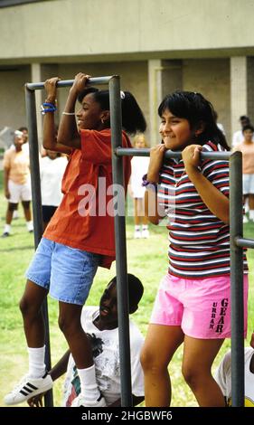 Junior high school students doing guts with one hand Stock Photo - Alamy