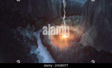 Abstract animation of an old wizard making a potion above boiling pot ...