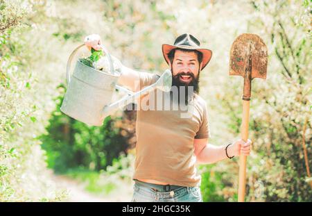 Crazy Farmer with Shovel and watering can. Garden man with tools Stock ...