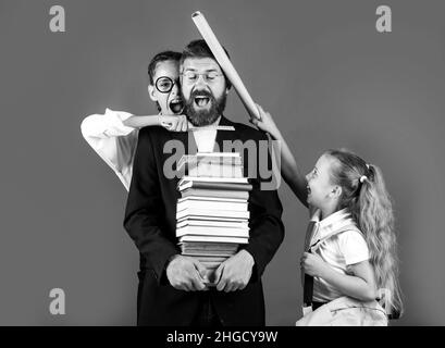 Funny portrait of comic father tutor and crazy students schoolkids on ...