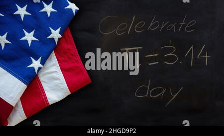 Pi number day, Celebrate Pi text chalk drawing on a school black board ...