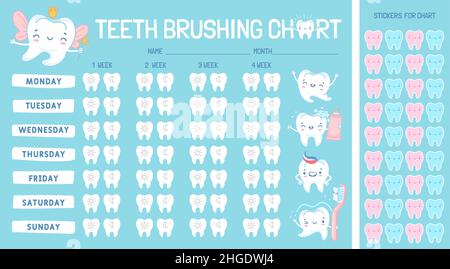 Cute teeth brushing chart for kids. Vector dental care stomatology ...