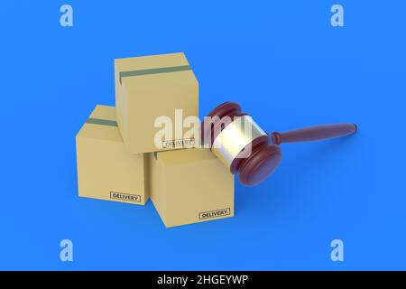 Cardboard boxes near judge gavel. Regulation of transport companies ...