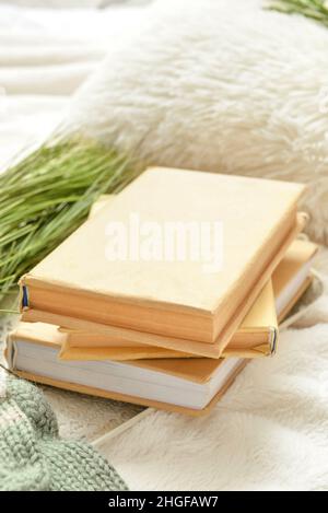 old books and plaid winter blanket or scarf on white background Stock ...