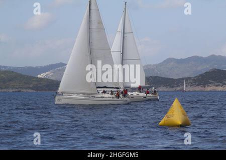 Bodrum,Turkey. 02 March 2019: Sailboats sail in windy weather in the ...