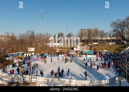Yunak stadium outdoor ice skating rink on sunny winter day in Sofia ...