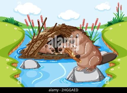 A beaver building a dam in cartoon style illustration Stock Vector ...