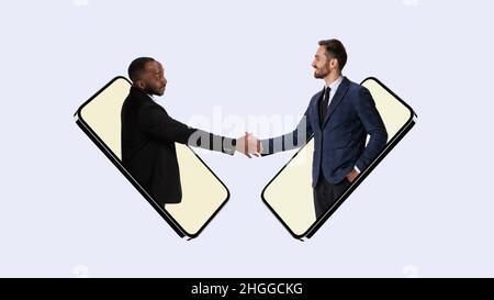 Collage of two shaking hands sticking out phone screen isolated over ...