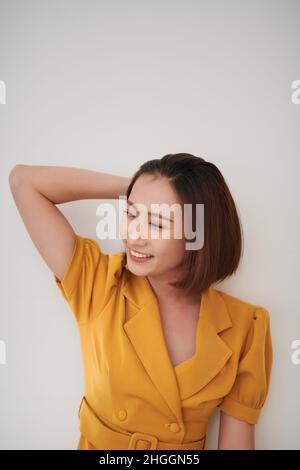 Laughing of asian beautiful positive thinking women with short hair on ...