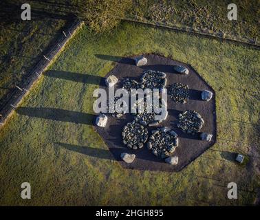 Aerial view of the Cullerlie Stone Circle, also known as the Standing ...