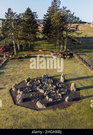 Aerial view of the Cullerlie Stone Circle, also known as the Standing ...