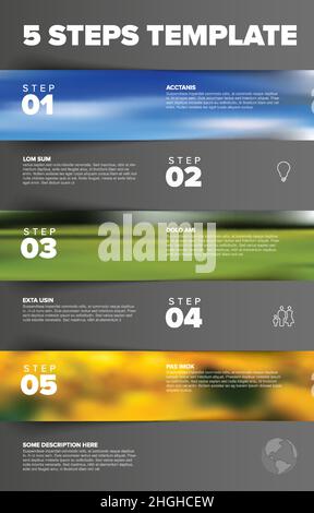 Five white vector progress block steps template with color border, descriptions, big numbers ...